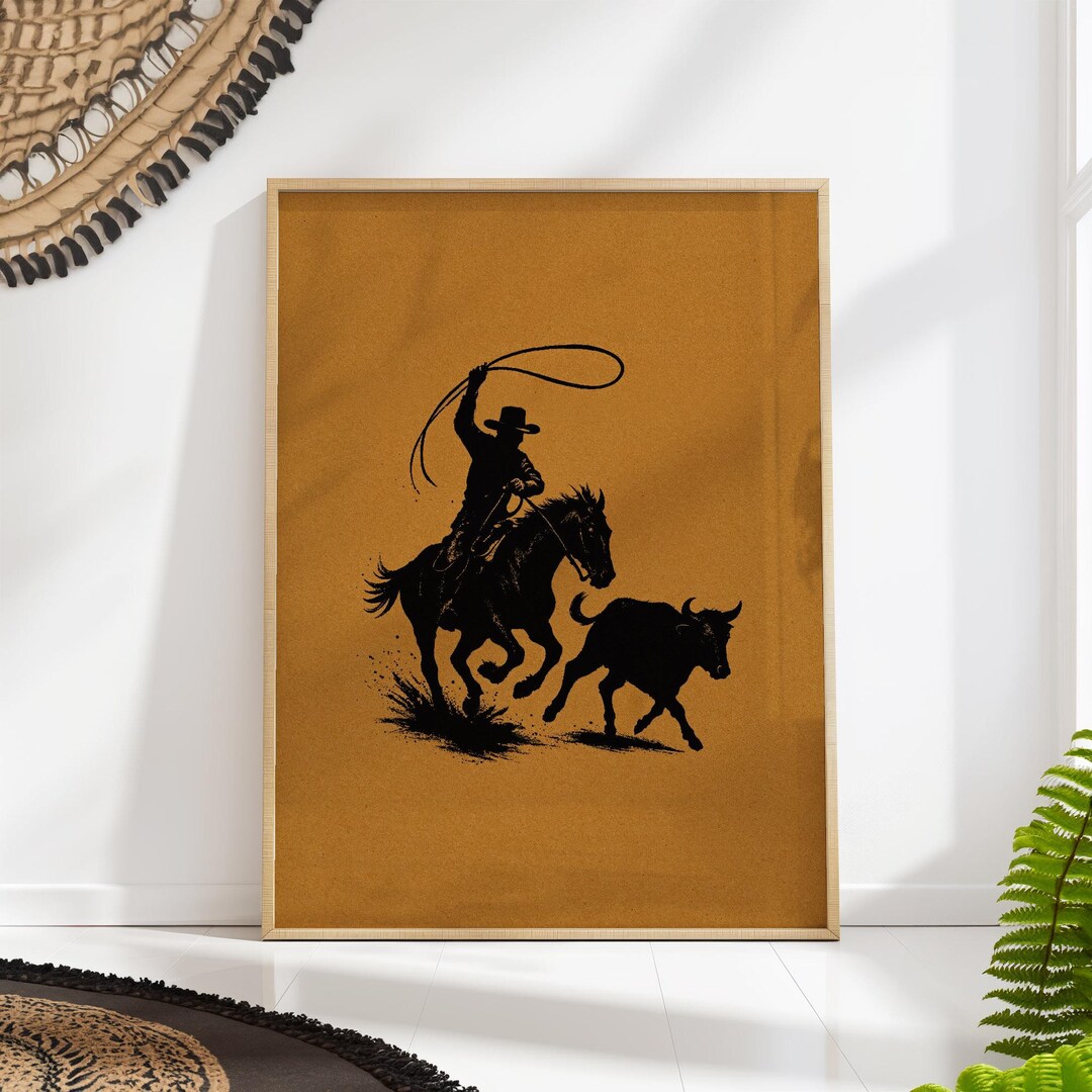 Cowboy Roping Wall Art Print, Rodeo Bull Western Poster, Rustic Ranch ...