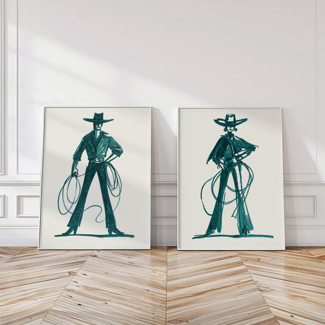 Teal Cowboy Cowgirl Line Art Prints Set of 2: Modern Western Ranch ...