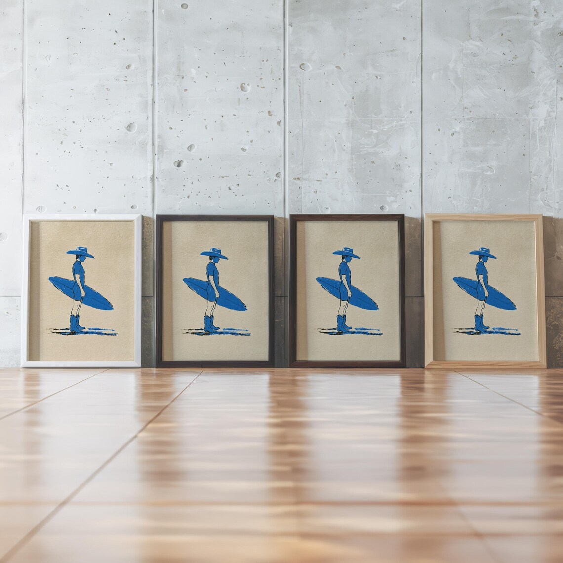 Coastal Surfer Cowgirl Cowboy Wall Art Set of 2 Prints, Blue Surf ...