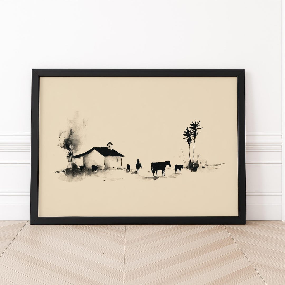 Cowboy Wall Art Black Ink Ranch Landscape Western Print - Etsy