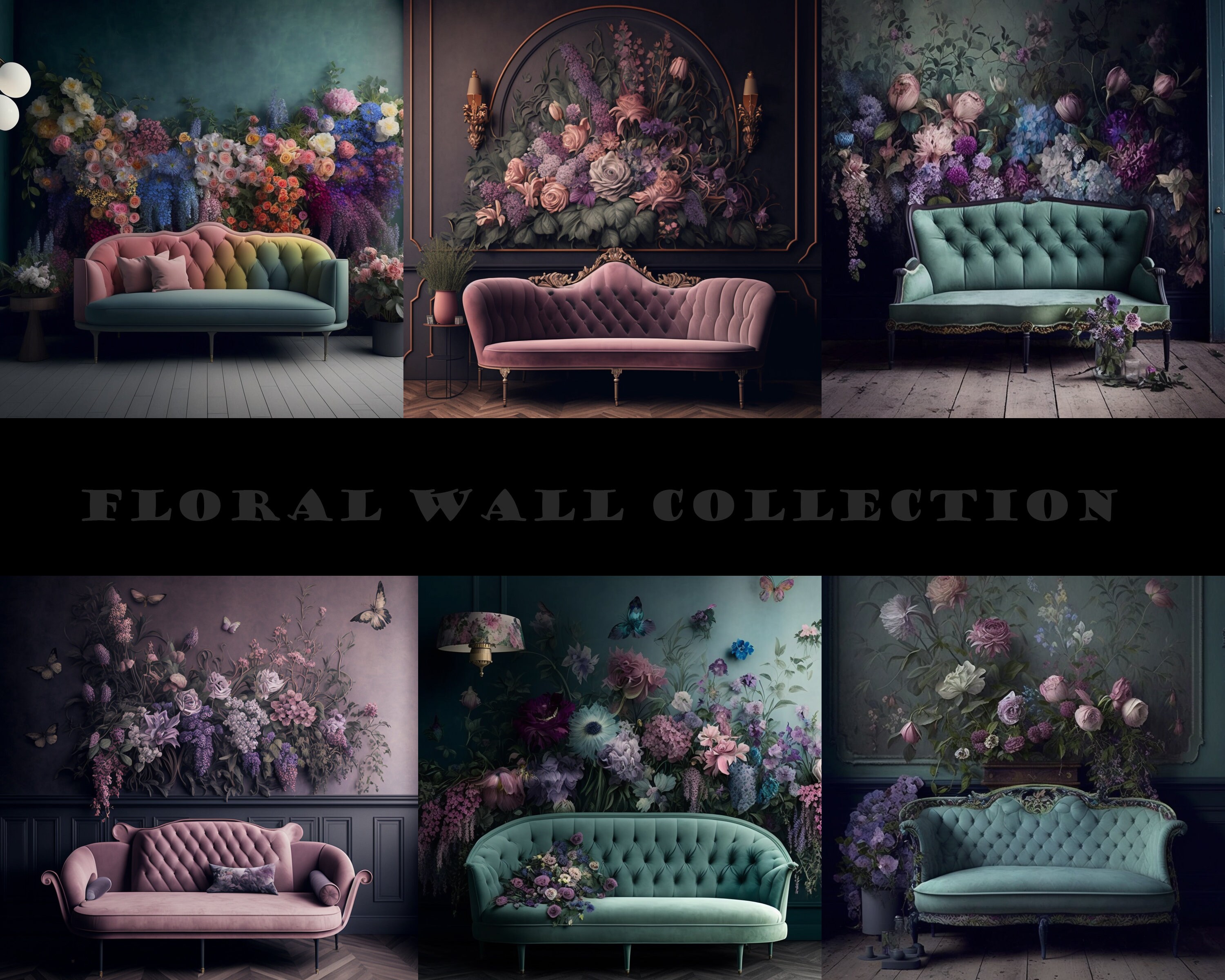 35 Floral Wall Digital Backdrop, Ornate Couch Digital Background ...