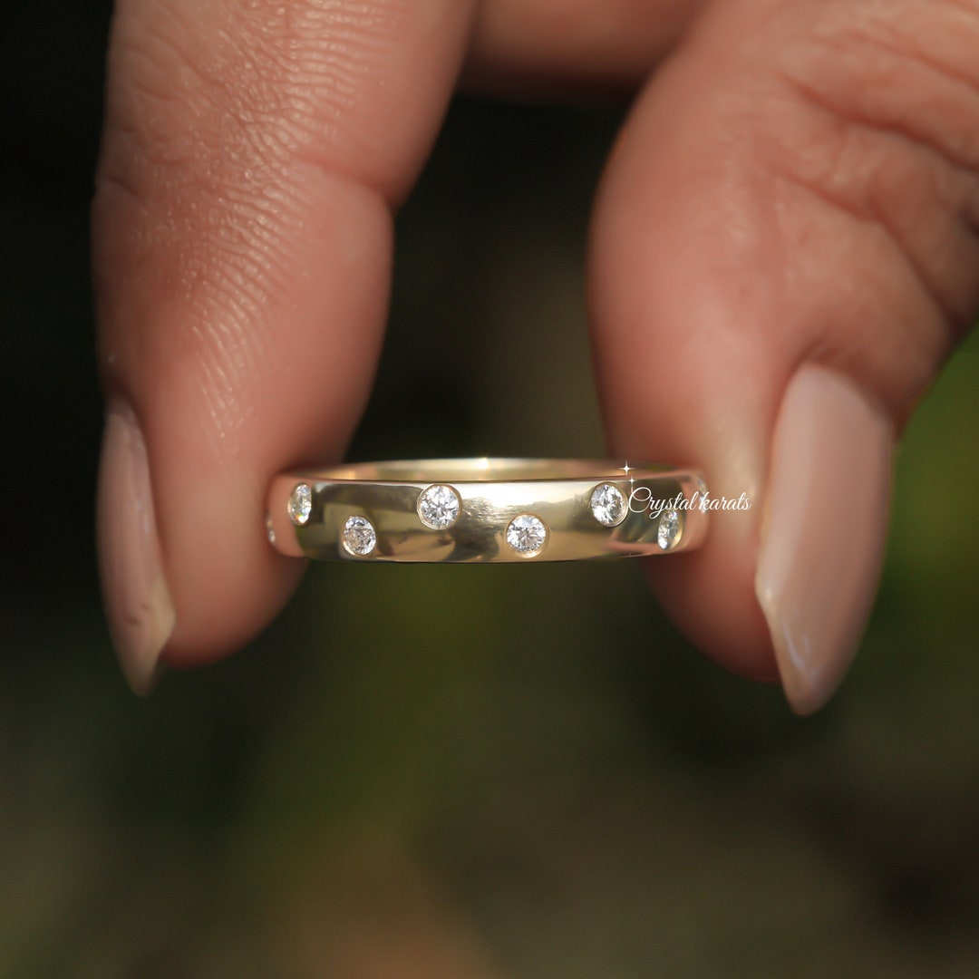 14K Solid Gold Stacking Ring Flush Set Moissanite Band Dainty Wedding ...