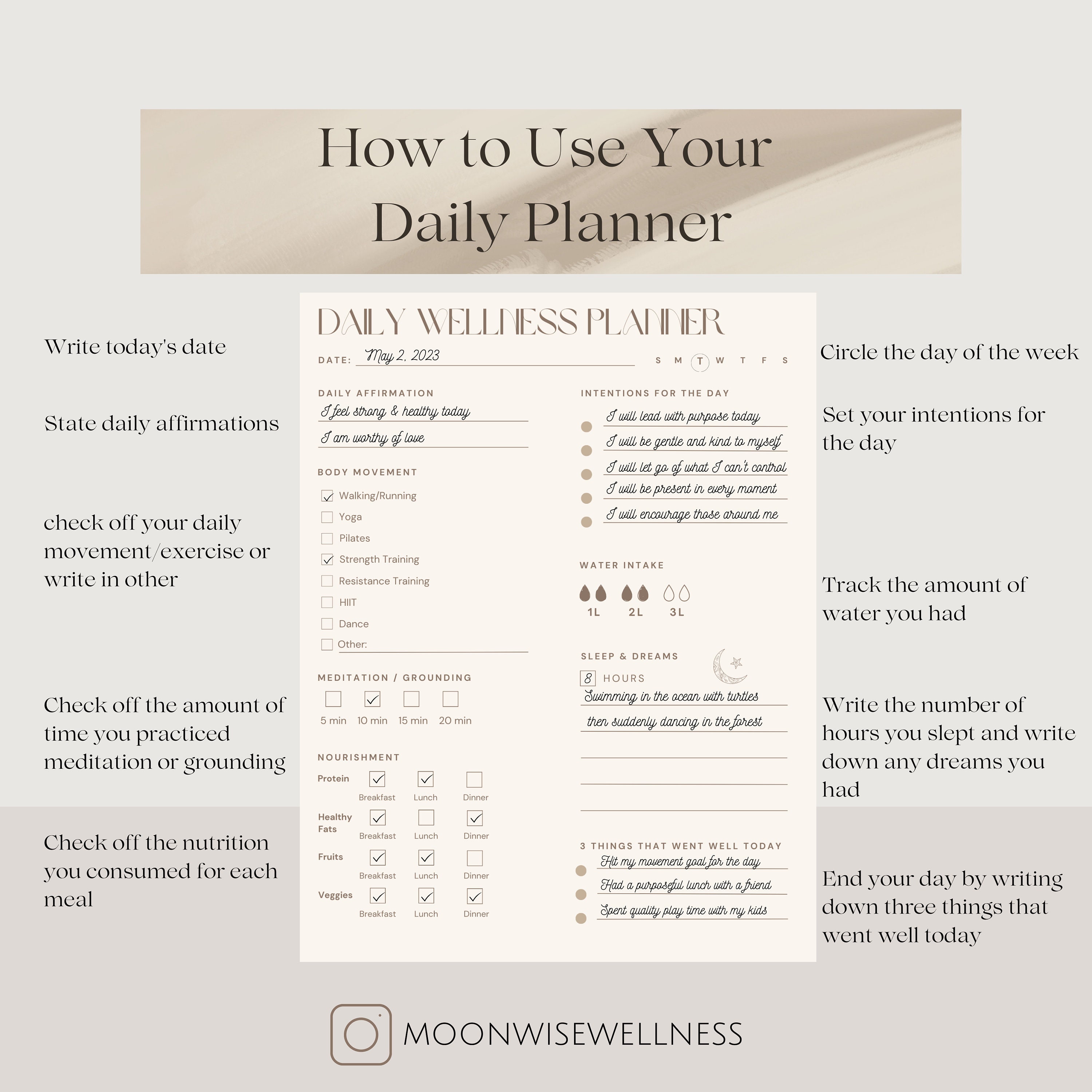 Daily Wellness Planner Printable Planner Meditation Dream Journal ...