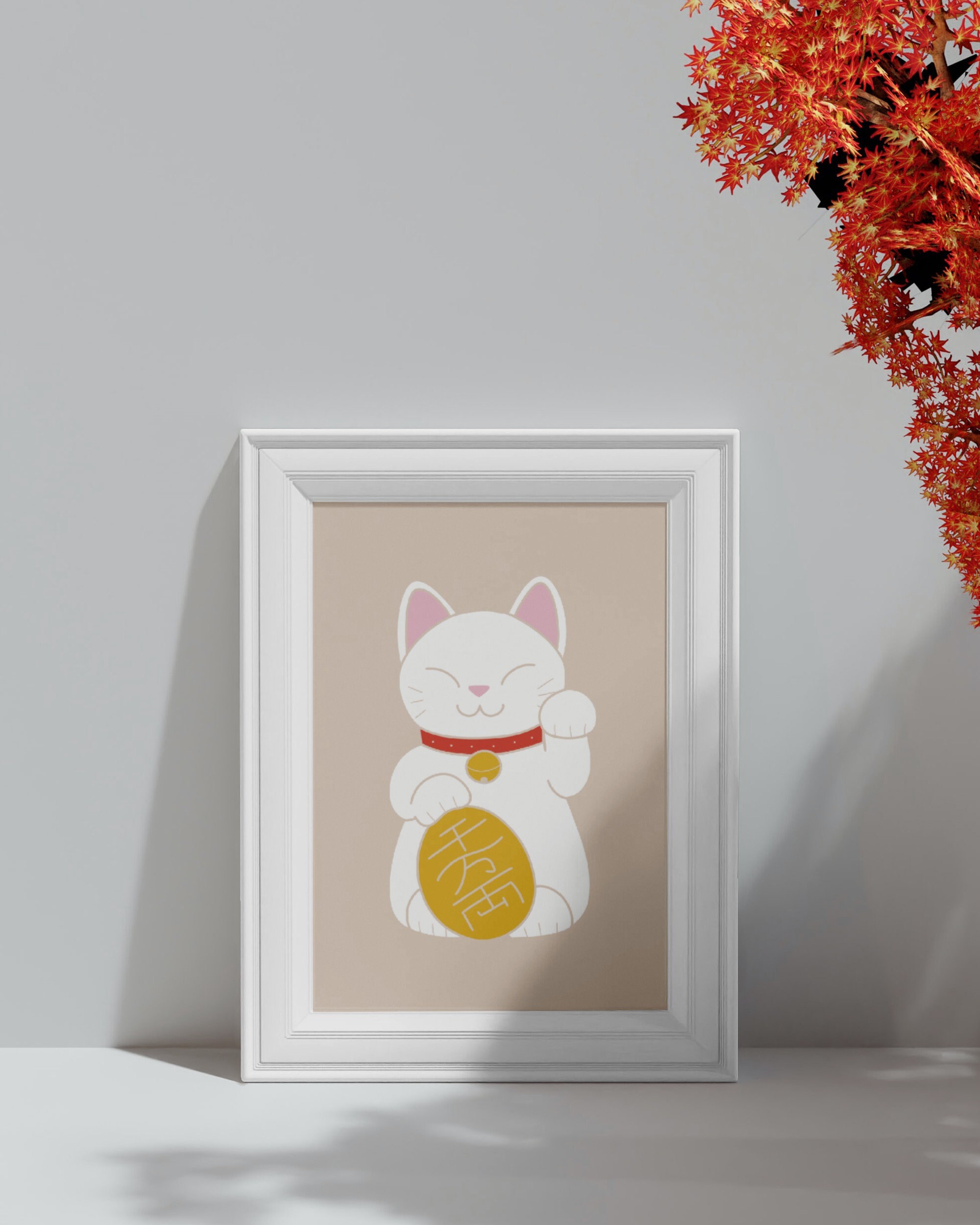 Japanese Lucky Cat Print Minimalist Wall Art Colour Cute Kawaii Cat ...