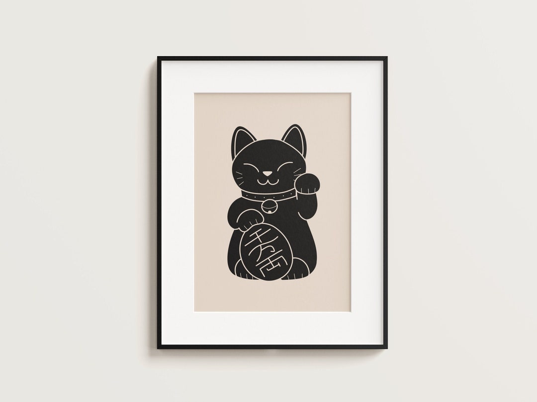 Japanese Lucky Cat Print Minimalist Wall Art Cute Cat Illustration ...