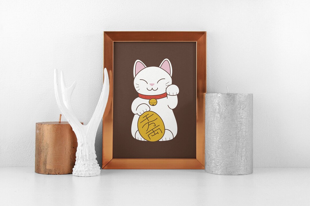 Lucky Cat Print Maneki Neko Art Minimalist Wall Art Brown Cute Kawaii ...
