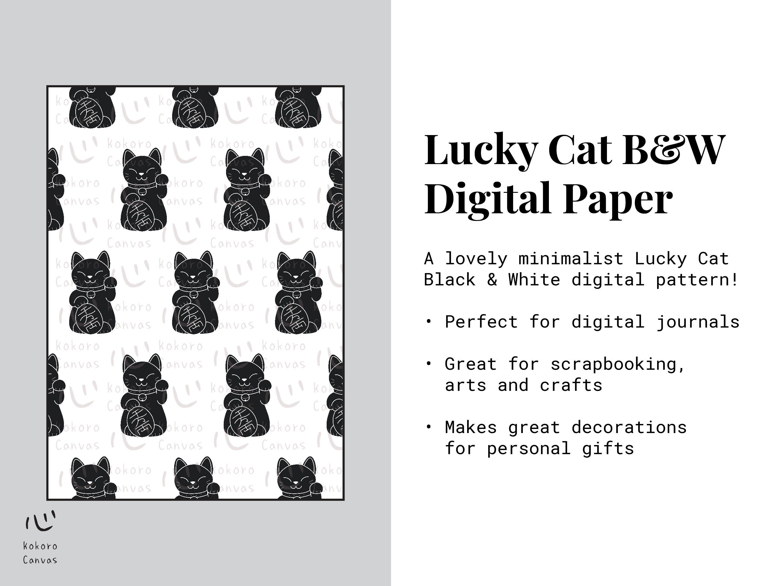 Lucky Cat Digital Paper Pattern Maneki Neko Print Patterns Black and ...