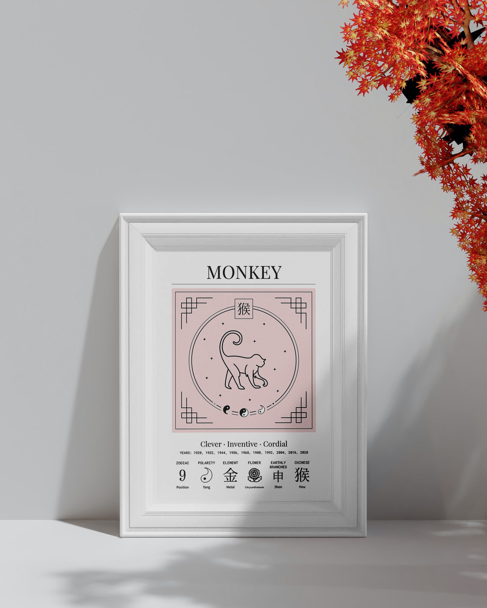 Chinese Zodiac Poster Monkey Poster Zodiac Wall Art Print Year of ...