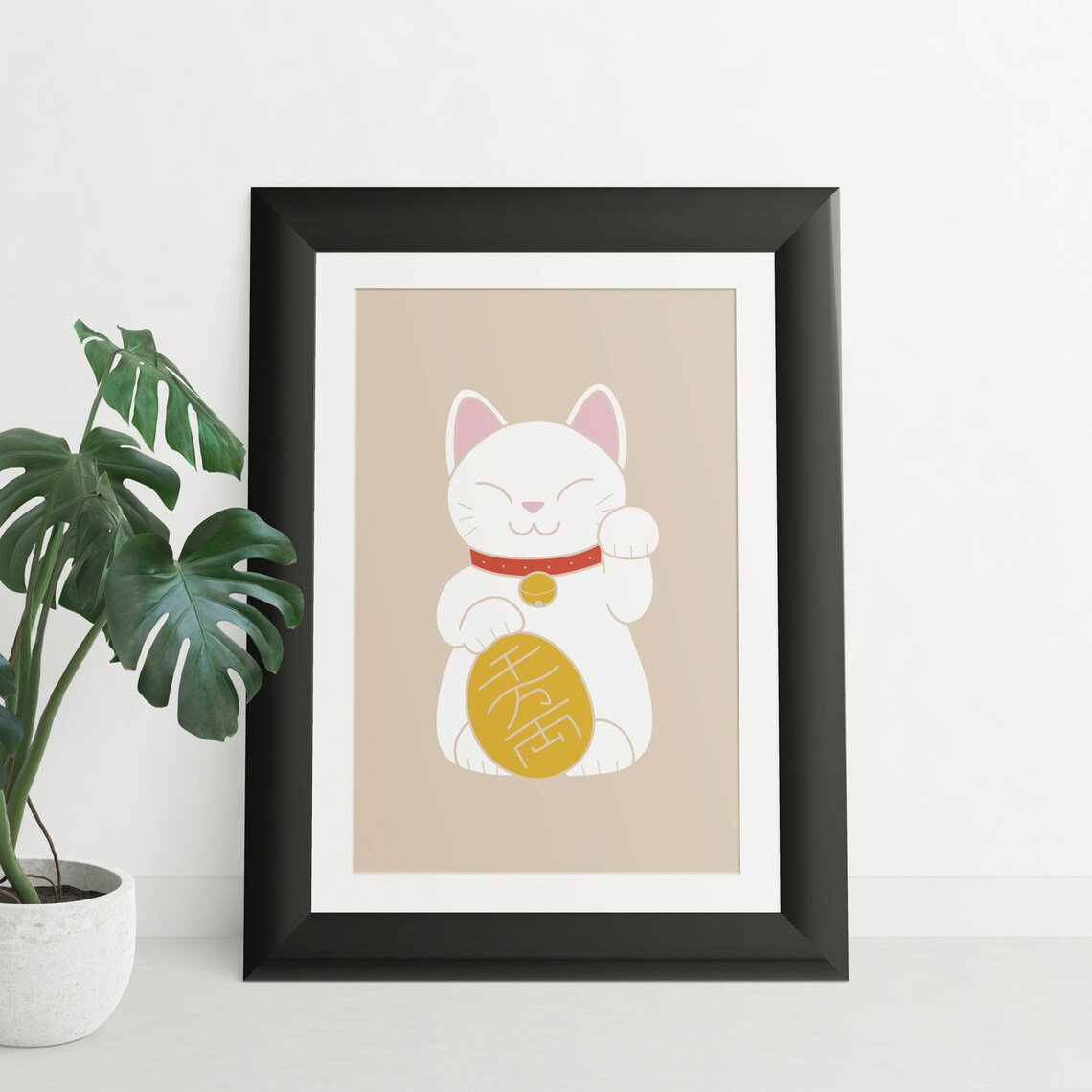 Japanese Lucky Cat Print Minimalist Wall Art Colour Cute Kawaii Cat ...