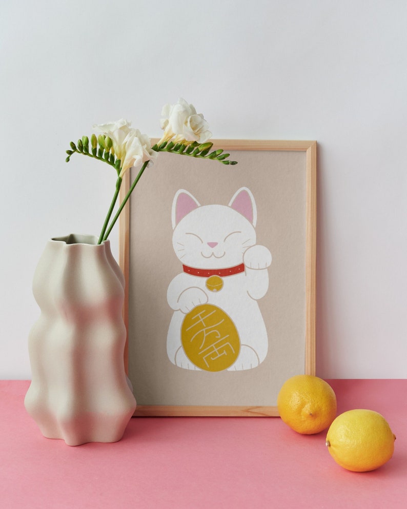 Japanese Lucky Cat Print Minimalist Wall Art Colour Cute Kawaii Cat ...