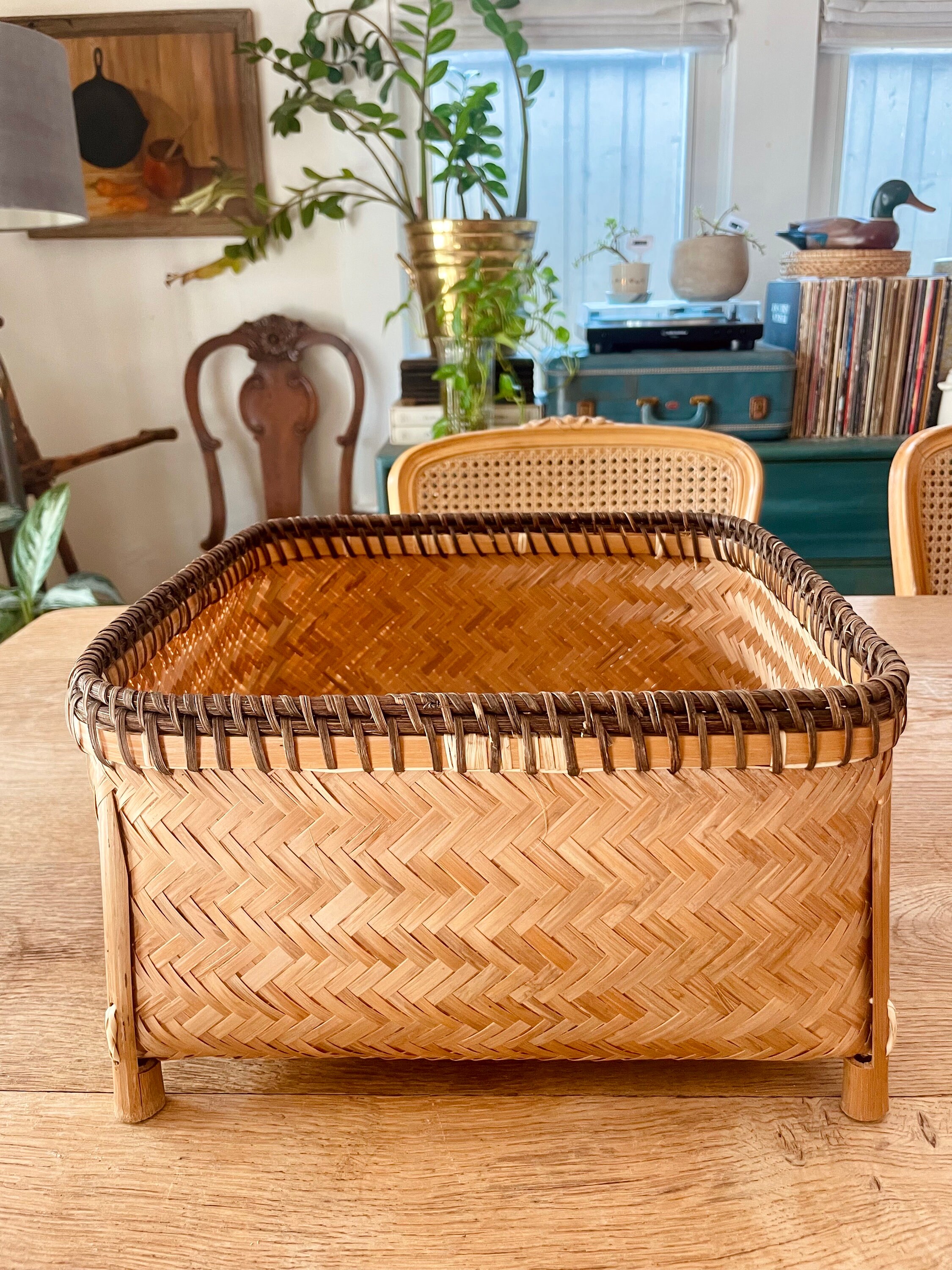 Woven Footed Bamboo Square Storage Basket - Etsy