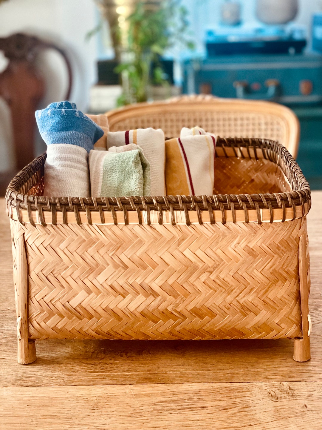 Woven Footed Bamboo Square Storage Basket - Etsy