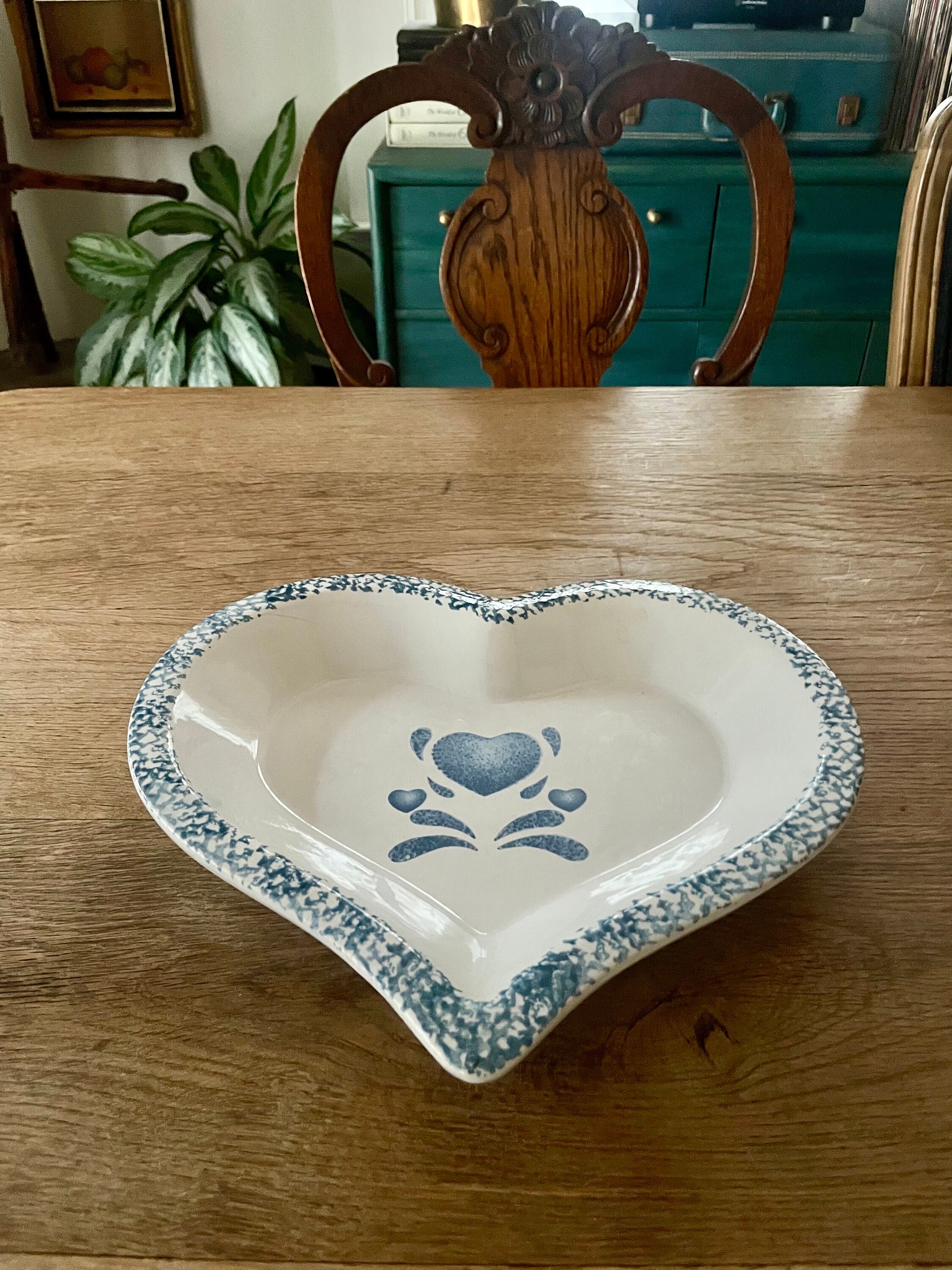 Vintage Blue Spongeware Heart Shallow Bowl / Pie Plate - Etsy