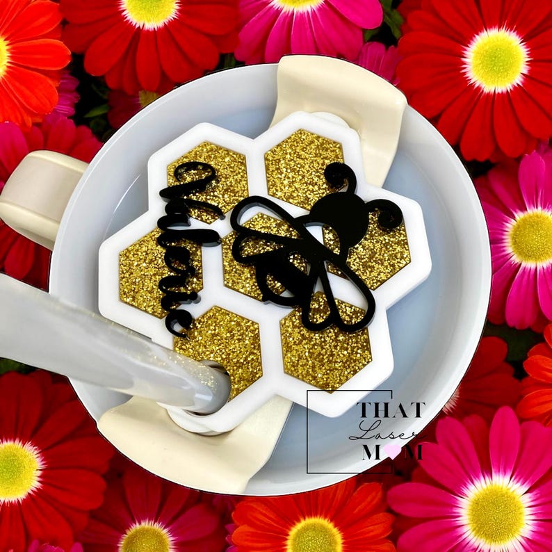 Personalized Stanley H2.0 Tumbler Topper: Glitter Bee Hive, Gold ...