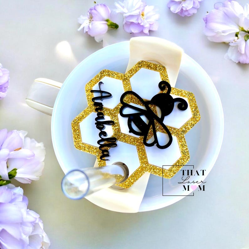 Personalized Stanley H2.0 Tumbler Topper: Glitter Bee Hive, Gold ...