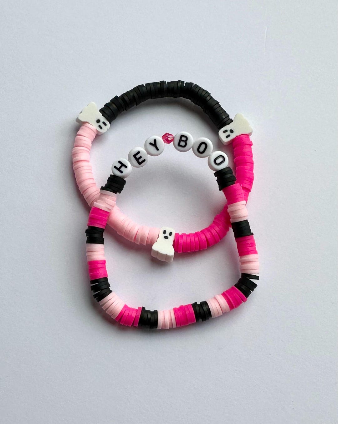 Hey Boo Ghost Bracelet Stack | Pink & Black Halloween Clay Bead Stretch ...