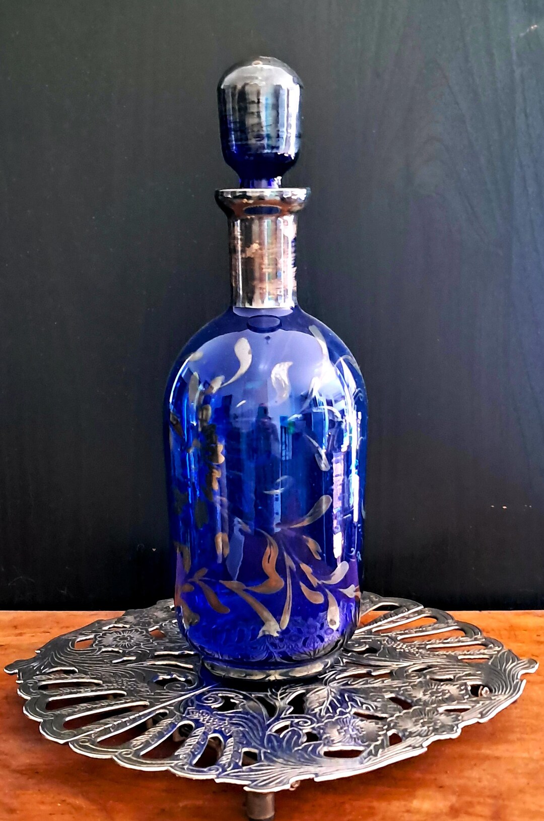 Old Venetian Chrystal Bottle, Cobalt Blue Glass, Silver Decorations ...