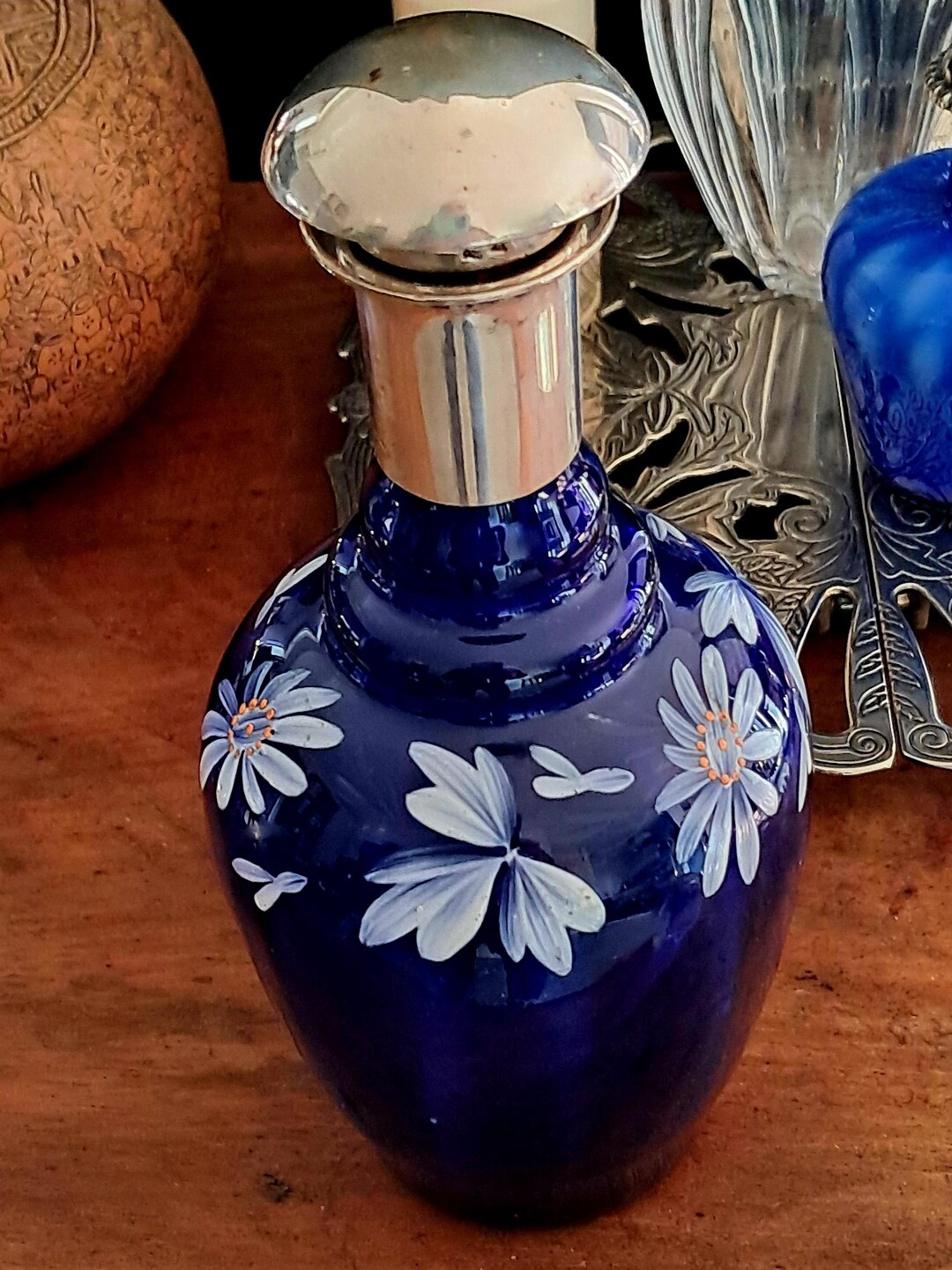 Vintage Glass Bottle, Silver Collar and Silver Stopper, Cobalt Blue ...