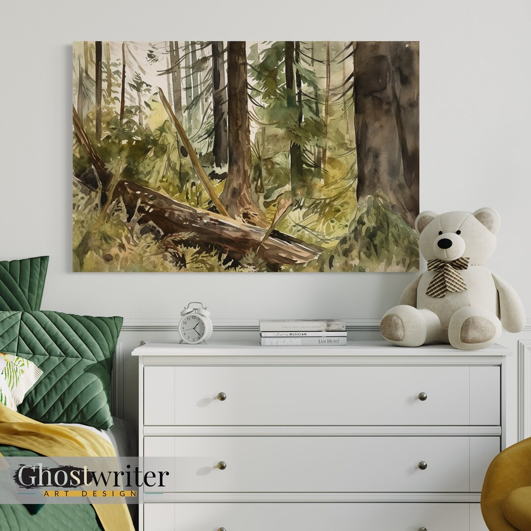 Northwestern Forest Landscape Watercolor Wall Art Canvas | Earth Tone ...