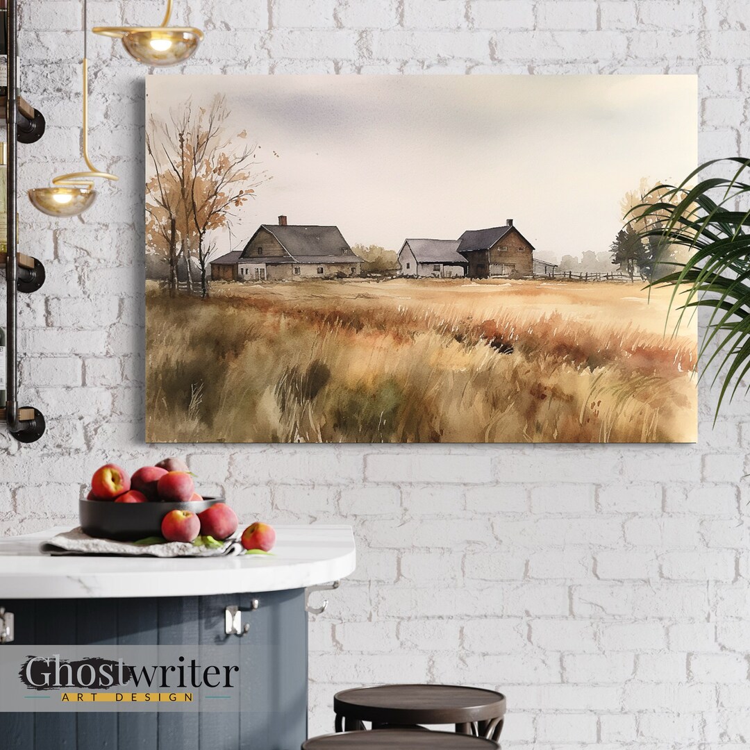 Farm Landscape Watercolor Wall Art Canvas | Earth Tone Nature ...