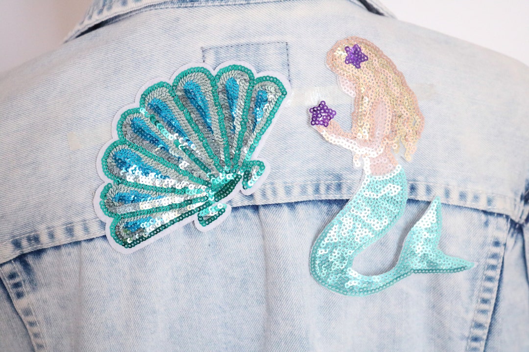 Large Sequined Sea Shell and Mermaid Patch, Iron on Patch, Sew on Patch, Embroidered Patch ...