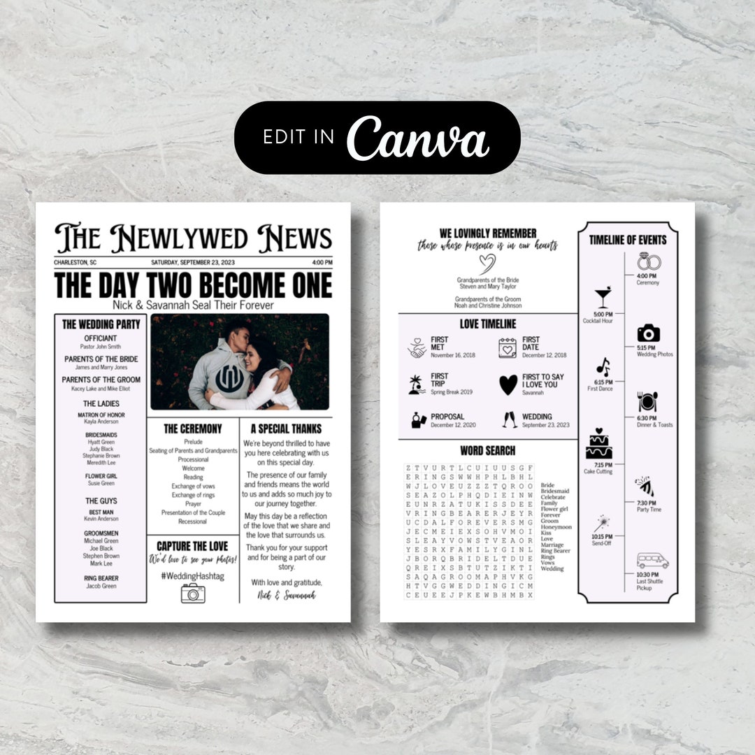 Newspaper Wedding Program, Program Wedding, Ceremony Program Template ...