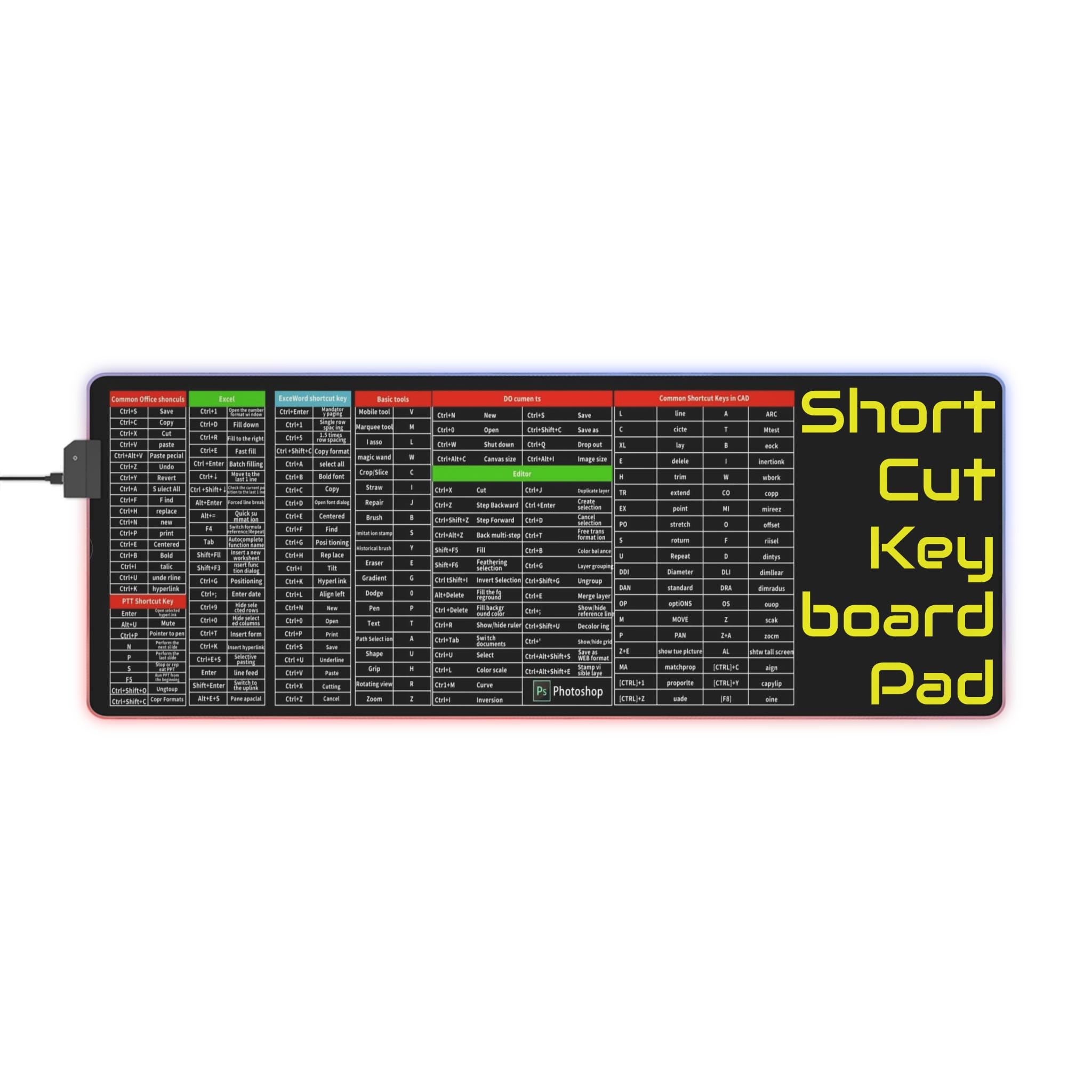 Keyboard Shortcut Desk Pad, LED Gaming Mouse Pad With Shortcut Key ...