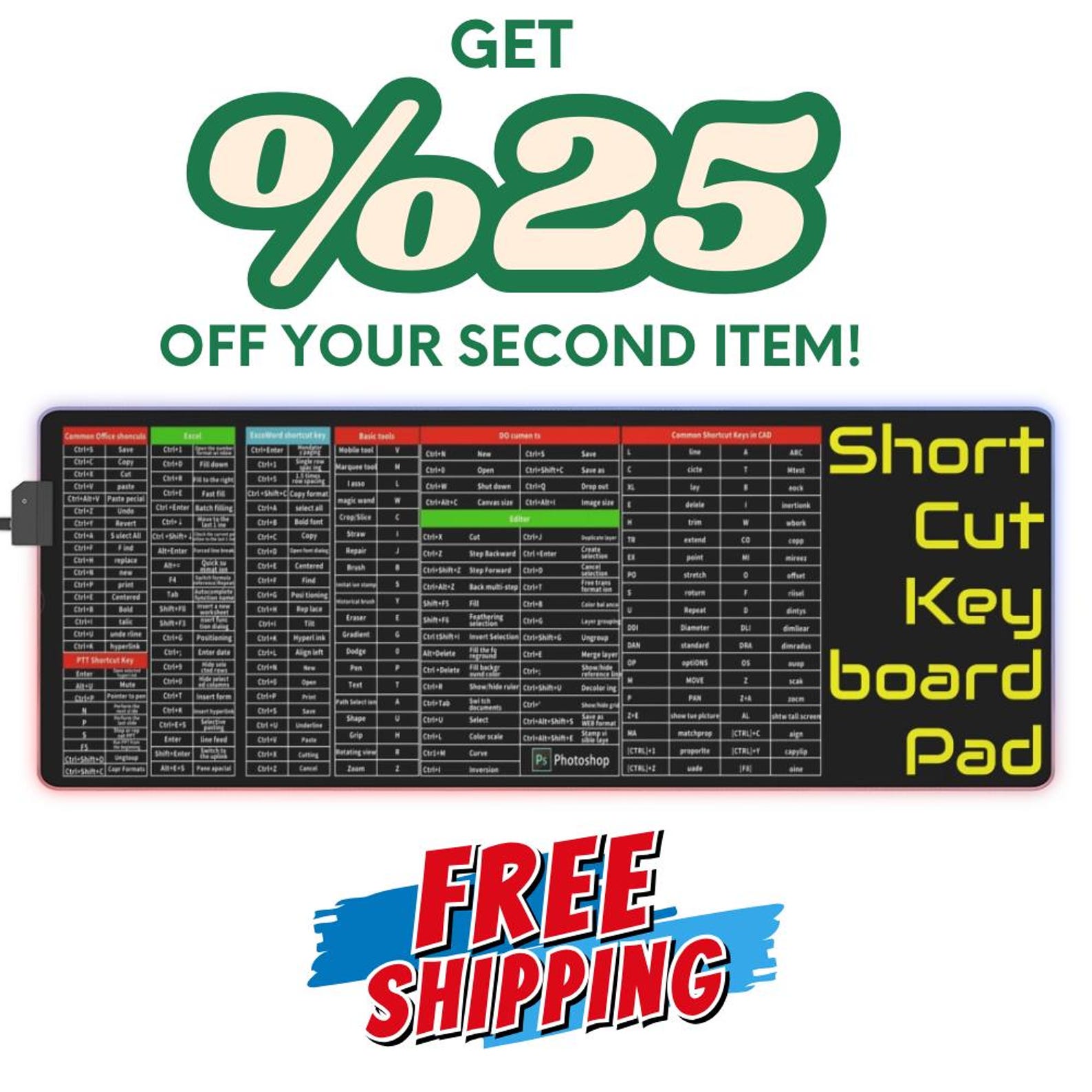 Keyboard Shortcut Desk Pad, LED Gaming Mouse Pad With Shortcut Key ...