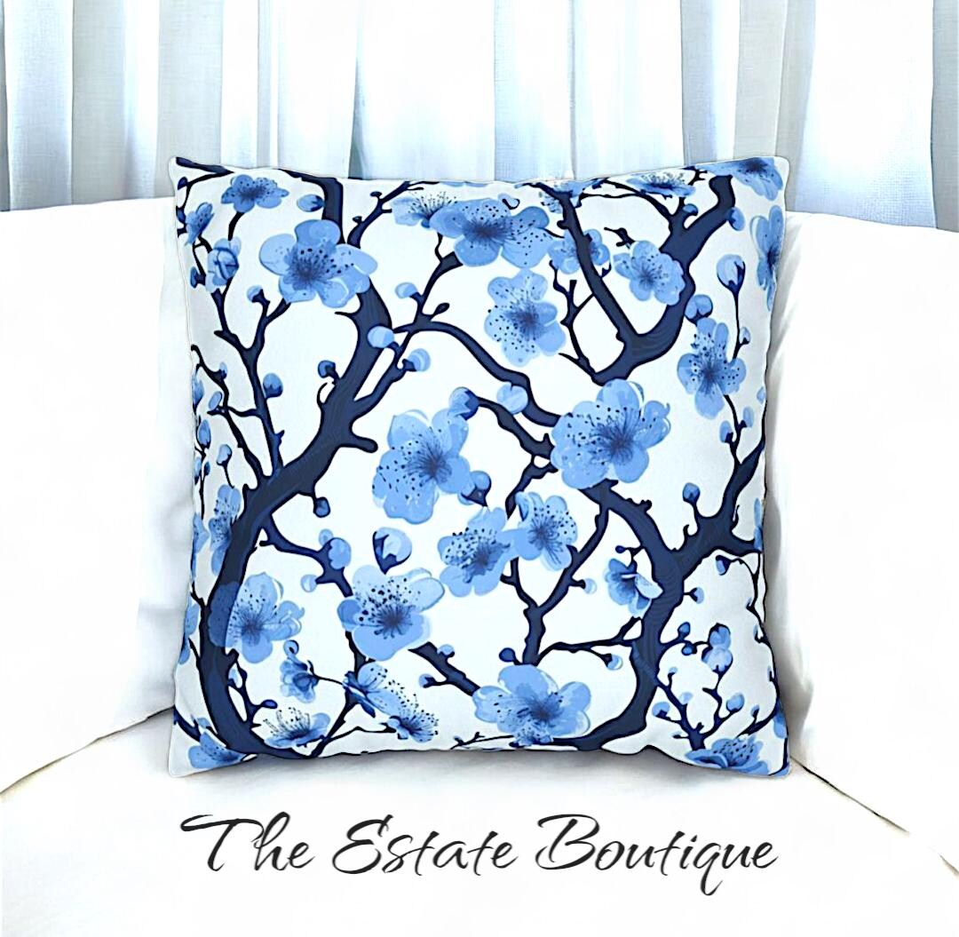 Faux Suede Blue Floral Cherry Blossom Sakura Pillowcase, Throw Cushion ...