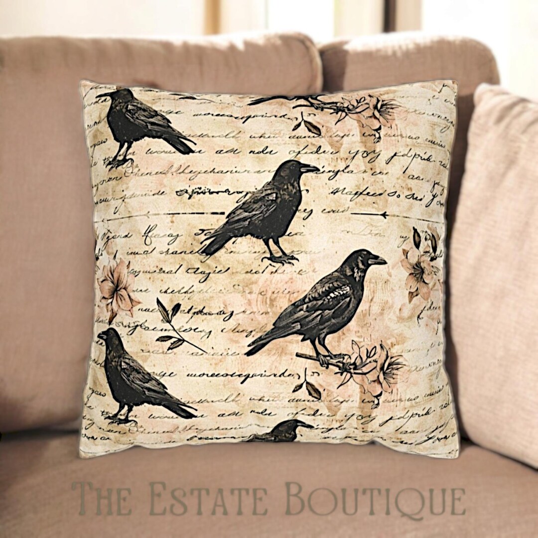 Vintage Black Crow Raven Throw Pillow Cushion Cover, Pillowcase, Crow ...