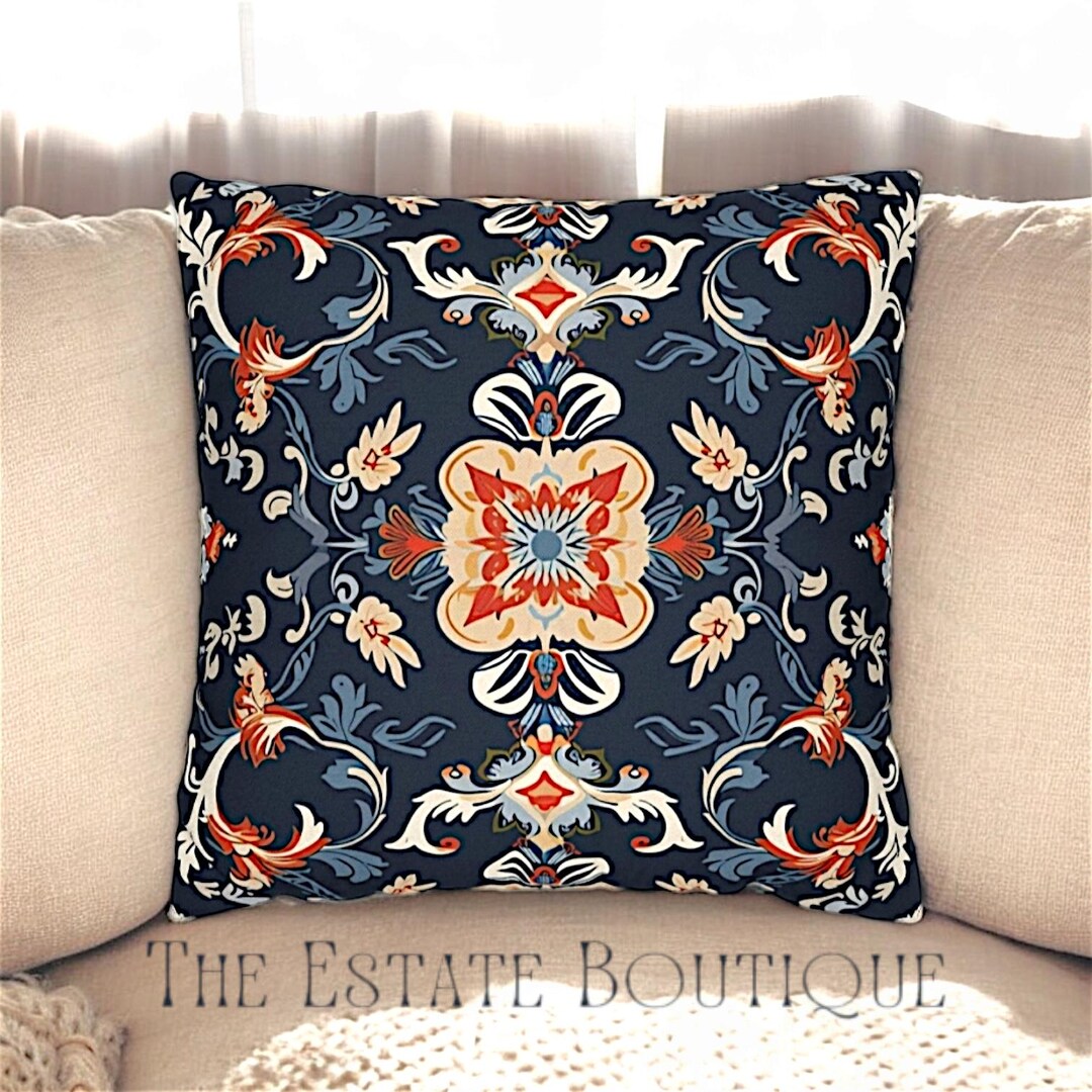 Vintage Navy Orange Floral Tile Navy Cream Damask Throw Pillow Case ...