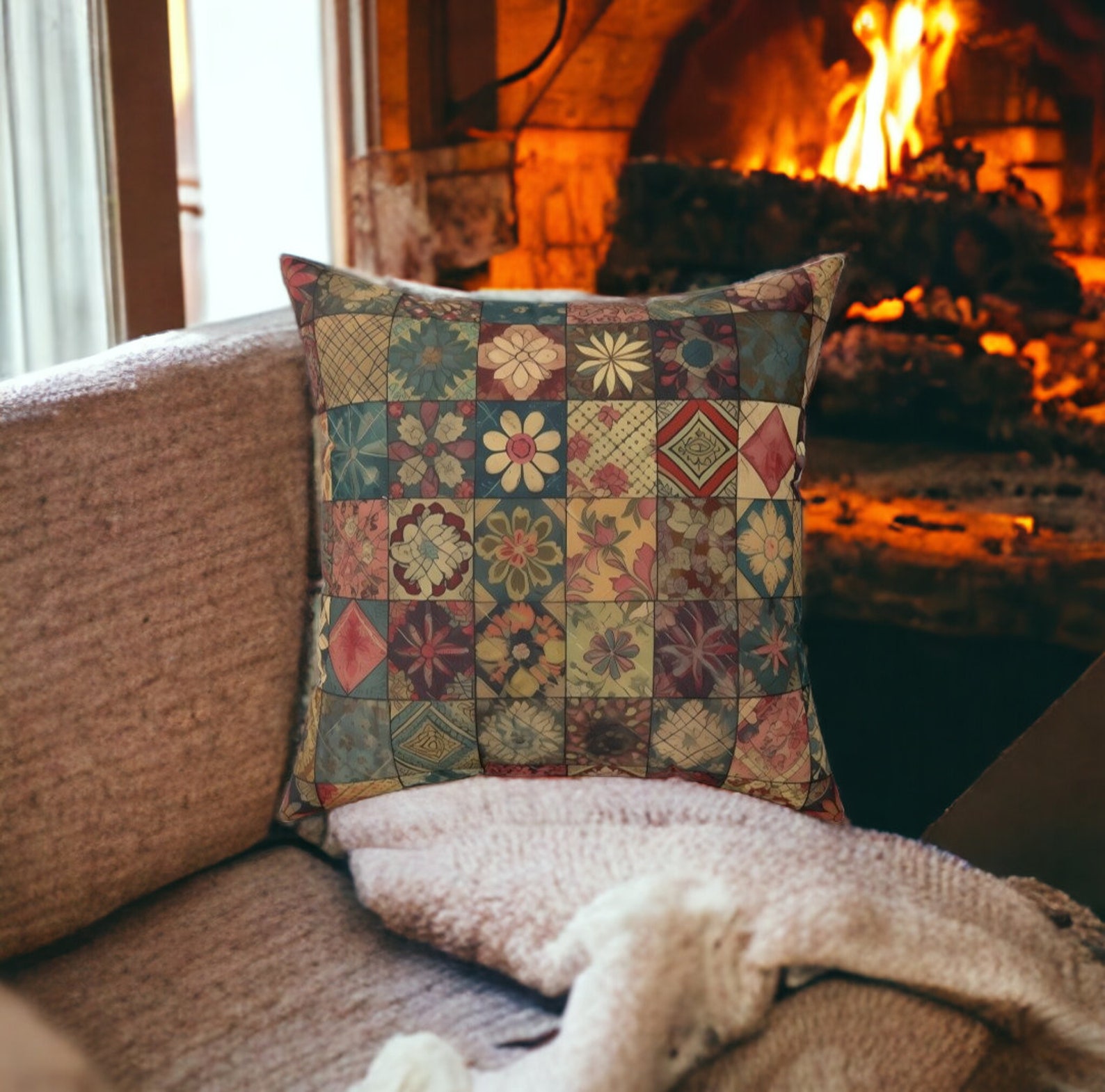 Vintage Style Colorful Quilt Pattern Faux Suede Square Throw Pillow ...