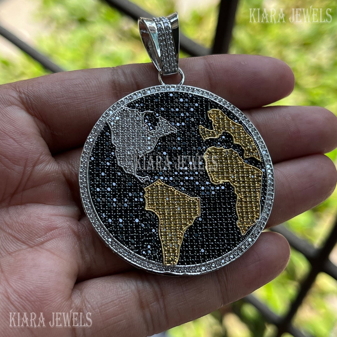 Men's "world Map" Pendant 4ct Round Cut White Diamond Custom Pendant ...