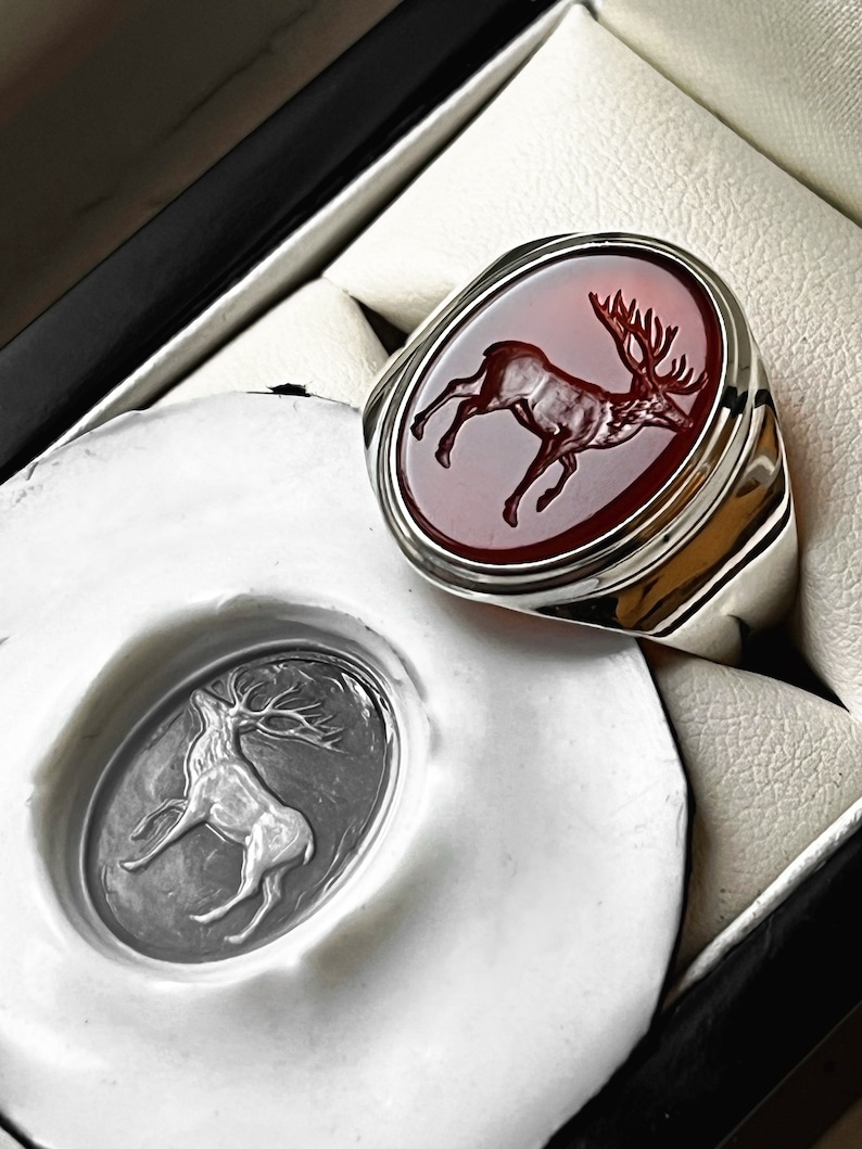 Bespoke Deer Intaglio Ring Signet Ring Agate With Engraving 13x18mm Onyx Carnelian Chalcedony ...
