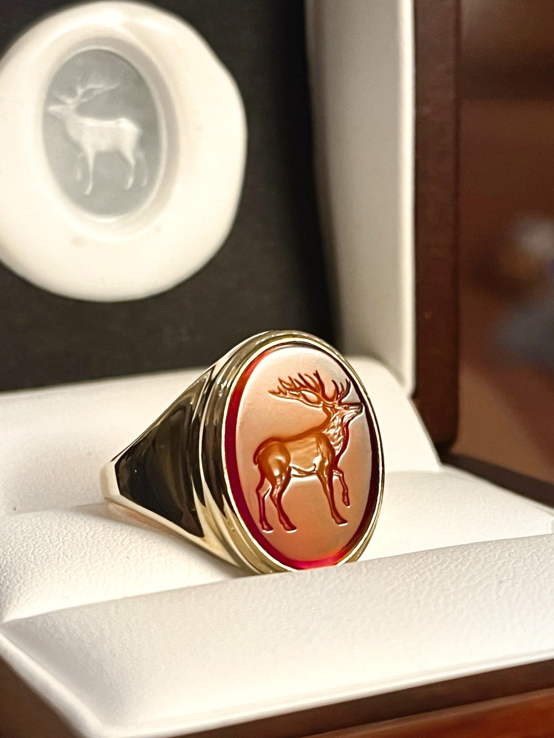 Bespoke Deer Intaglio Ring Signet Ring Agate With Engraving 13x18mm ...