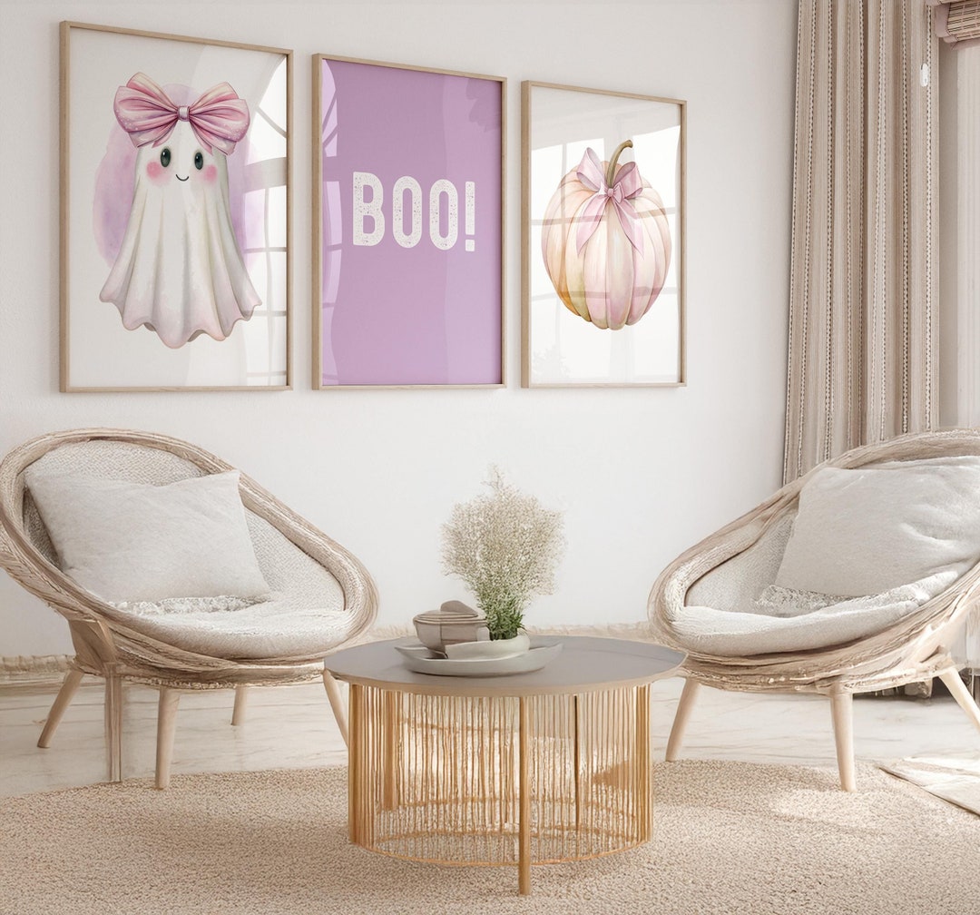 3 Bundle Halloween Printable Wall Art, Cute Ghost and Pumpkin With Pink ...