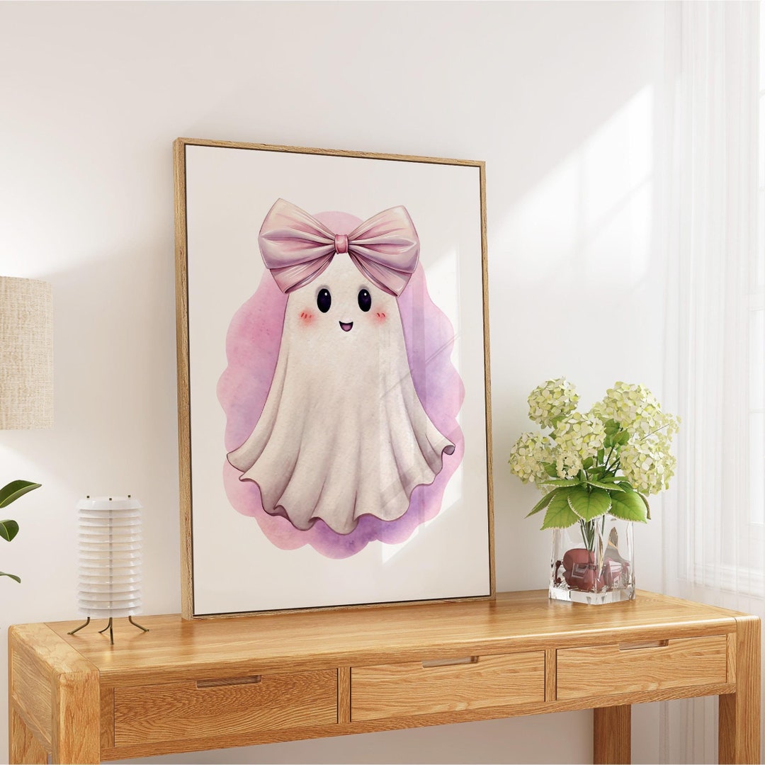 Pink Halloween Printable Wall Art, Cute Ghost With a Bow, Halloween ...