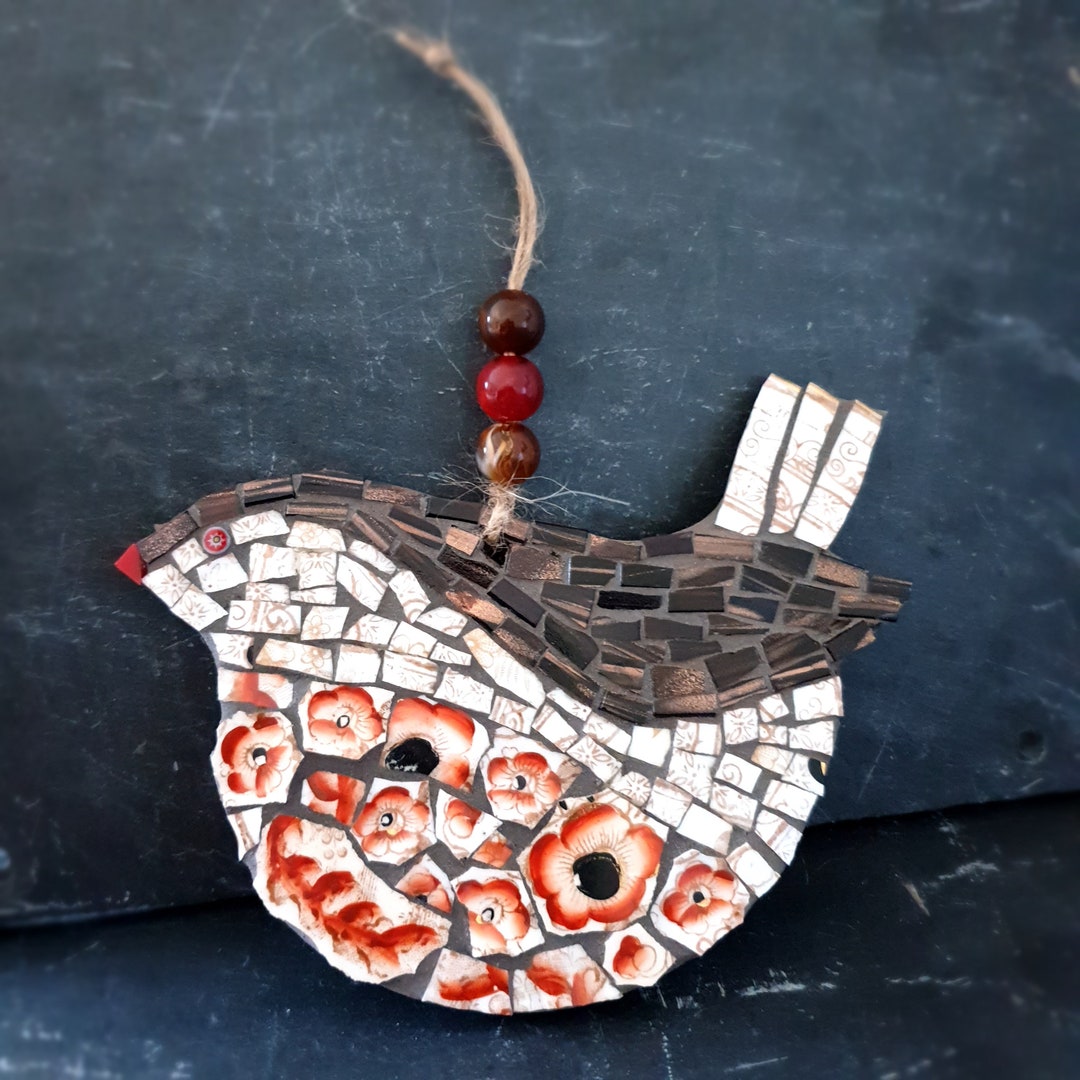 Robin Mosaic Made From Vintage Ceramics, Gold Shimmer Glass Tiles ...