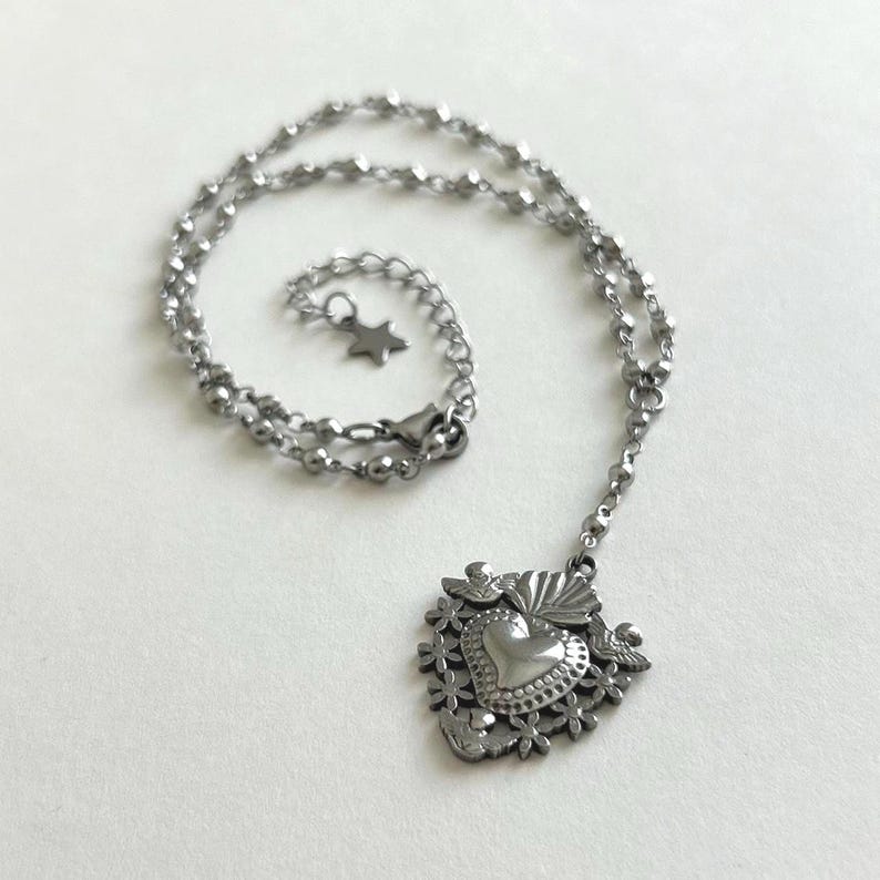 Rosary Inspired Sacred Heart Pendant & Beaded Dainty Chain Stainless ...