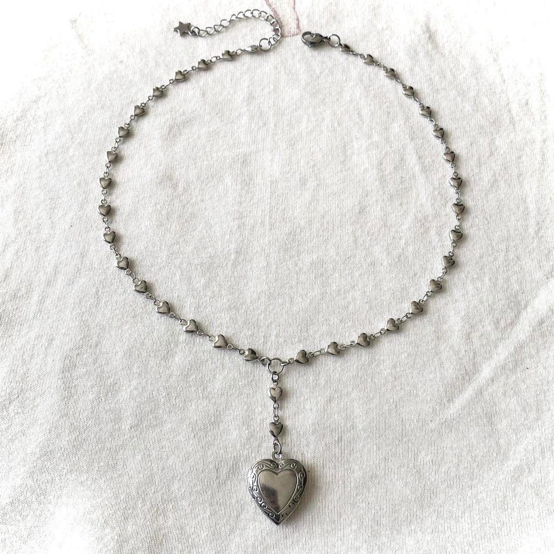 Rosary Lariat Chain Necklace With Heart Locket Pendant • Stainless ...