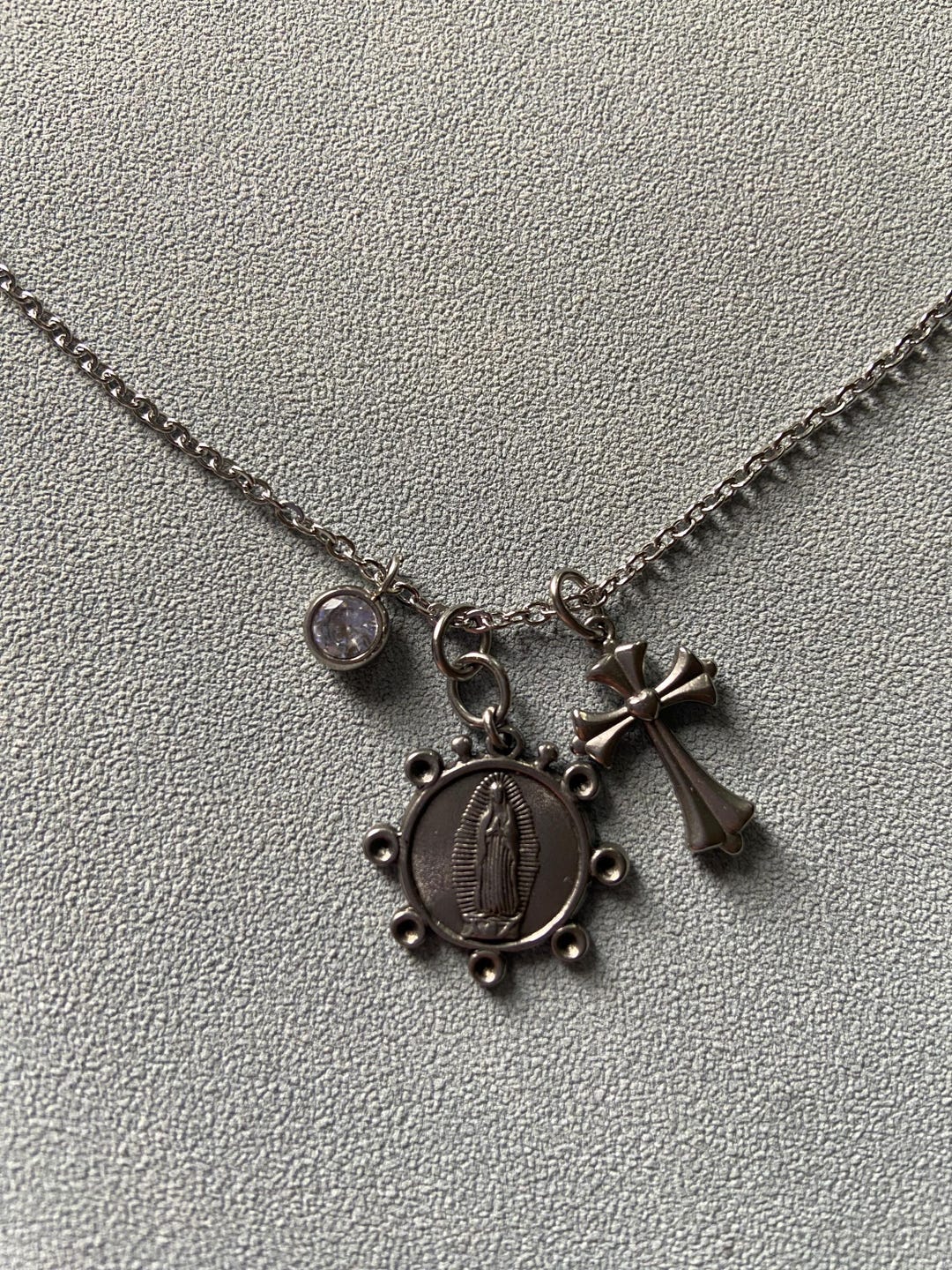 Stainless Steel Virgin Mary, Cross Necklace With a Rhinestone Charm - Etsy
