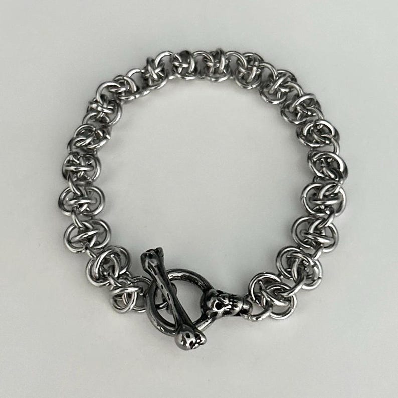 Stainless Steel Chainmail Bracelet, Skull & Bone Clasp | Chunky Gothic ...