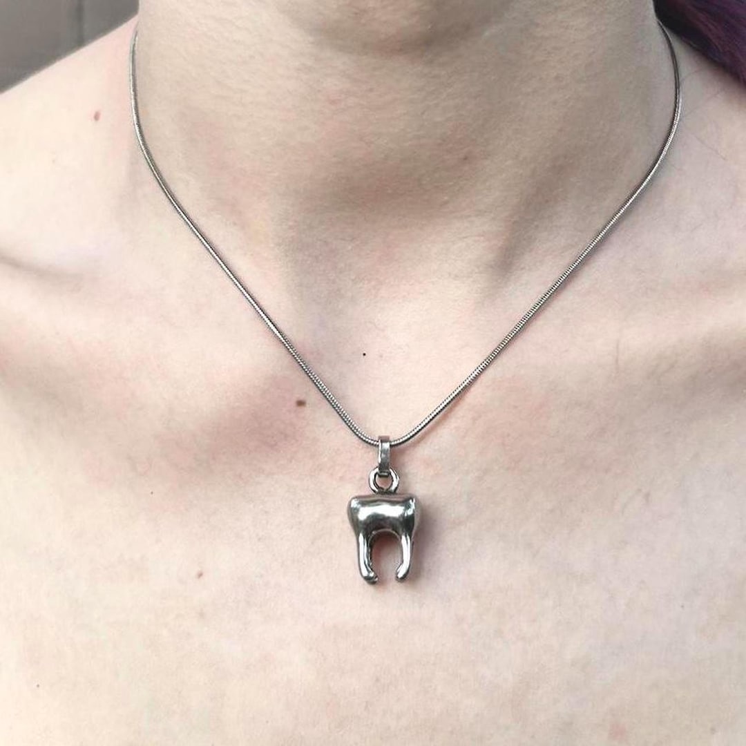 Stainless Steel Tooth Pendant Necklace on Snake Chain Gothic 3D Molar ...