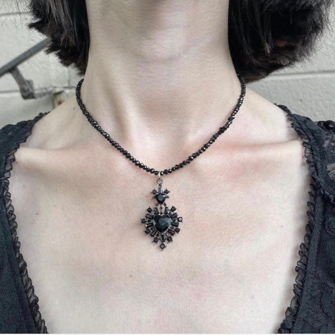 Handmade Black Beaded Dainty Necklace W Spiky Black Rhinestone Heart ...