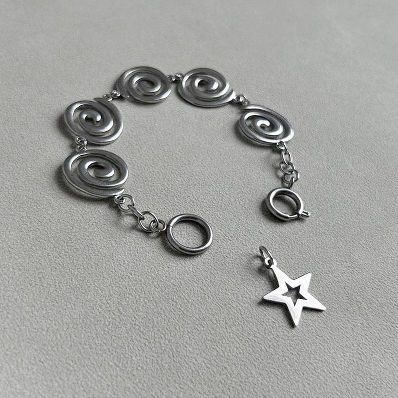 Spiral Charm Link Statement Bracelet: Stainless Steel Cyber Y2K Vortex ...