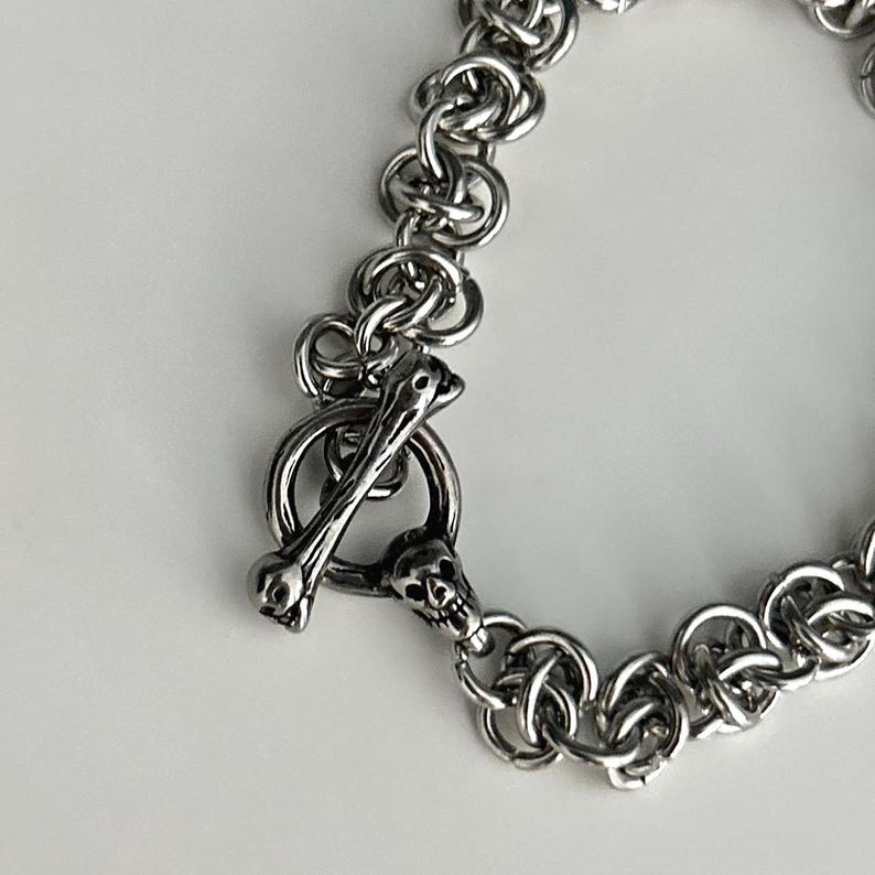 Stainless Steel Chainmail Bracelet, Skull & Bone Clasp | Chunky Gothic ...