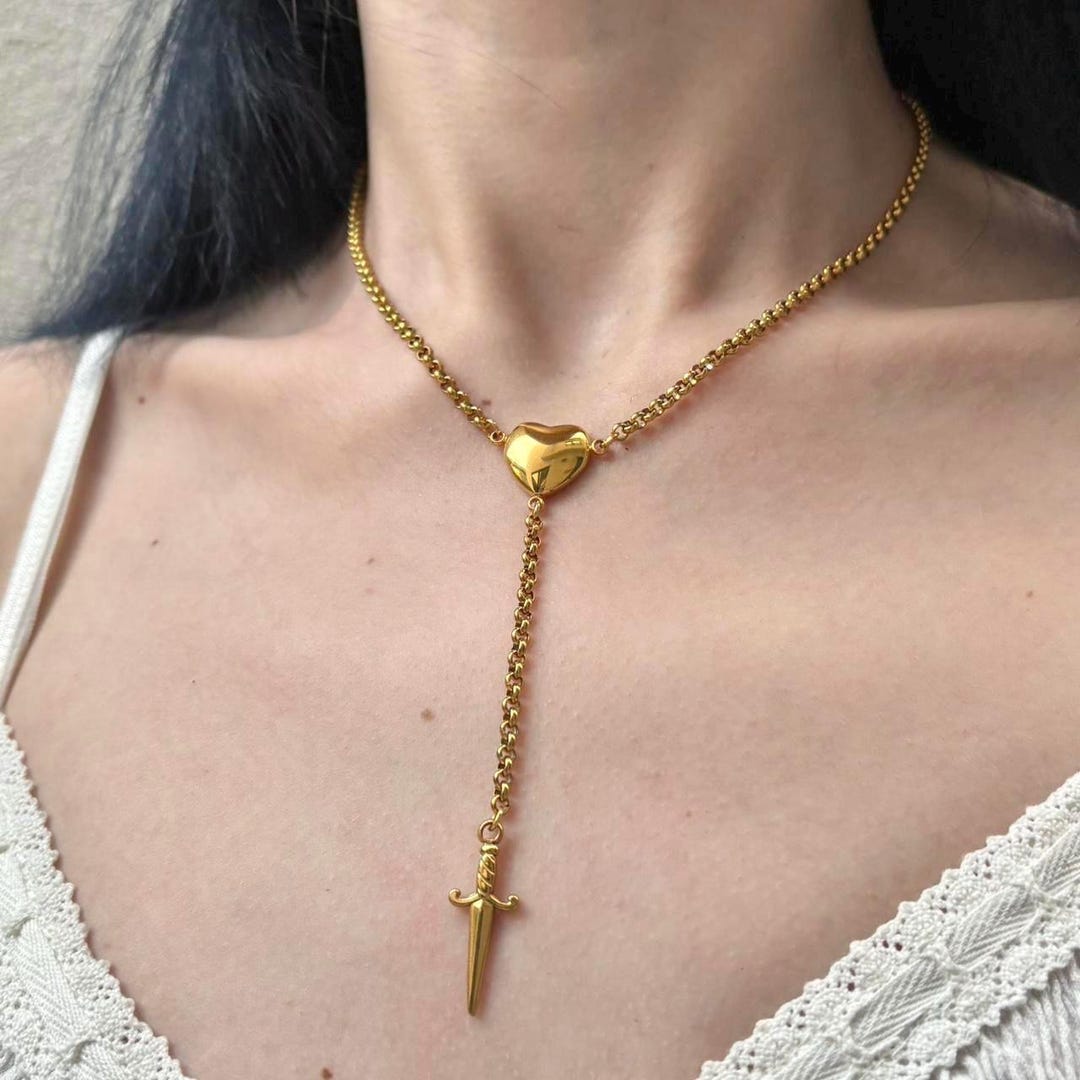 Stainless Steel Gold Mini Rosary Inspired Necklace W Heart Centerpiece ...