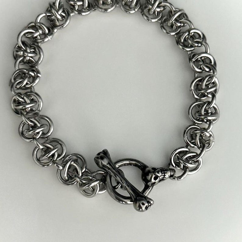 Stainless Steel Chainmail Bracelet, Skull & Bone Clasp | Chunky Gothic ...