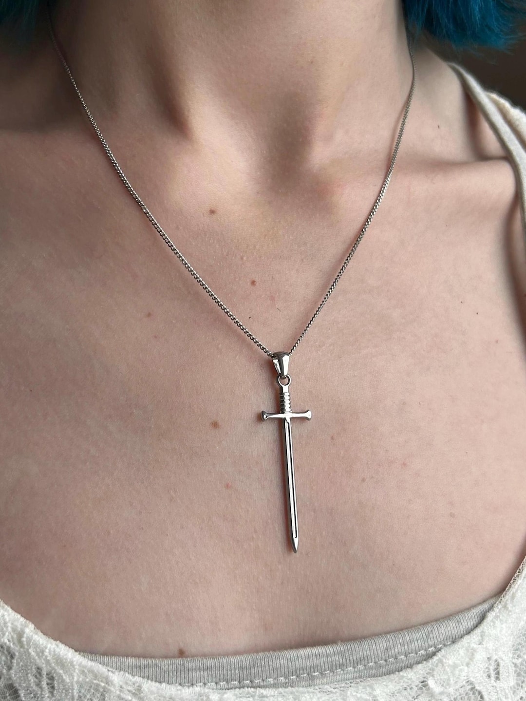 Stainless Steel Sword Charm & Dainty Chain Necklace • Gothic Y2K Silver ...
