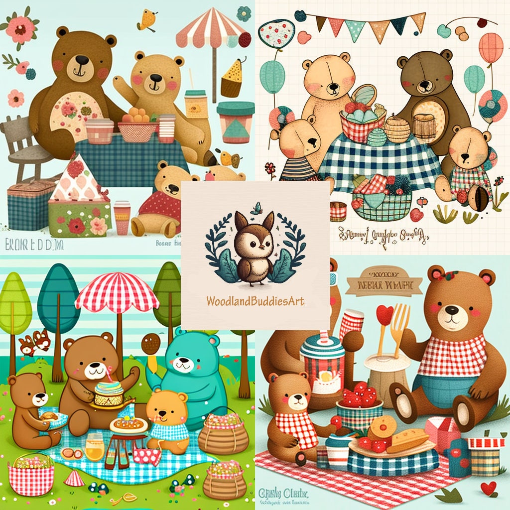 Bear Family Picnic Clipart Digital Bear Family Illustrations - Etsy